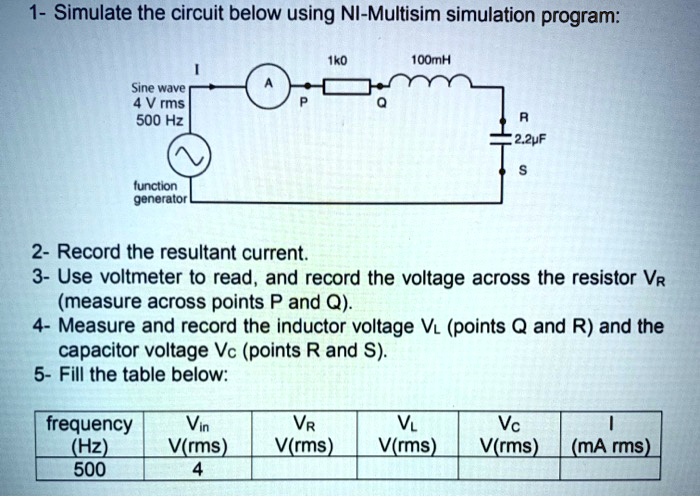 1- Simulate the circuit below using NI-Multisim simulation program: Sine wave 4 V rms 500 Hz 1k0 ...