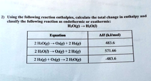 2) Using the following reaction enthalpies, calculate the total change in enthalpy and classify ...