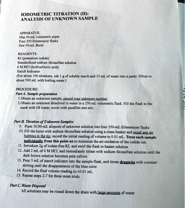 SOLVED: IODOMETRIC TITRATION (ID): ANALYSIS OF UNKNOWN SAMPLE APPARATUS: One 50-mL volumetric ...