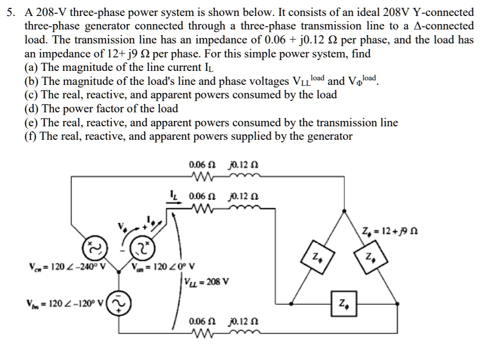 SOLVED: 5. A 208-V three-phase power system is shown below. It consists ...