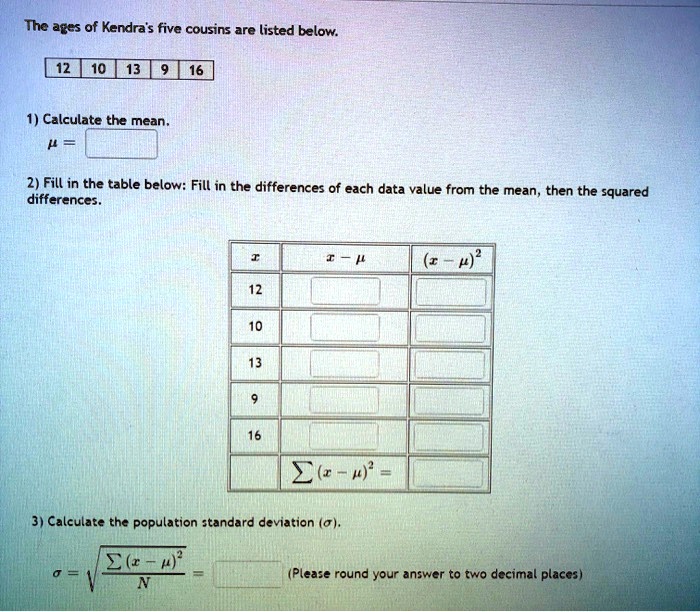 the ages of kendra s five cousins are listed below calculate the mean 2 fill in the table below ...