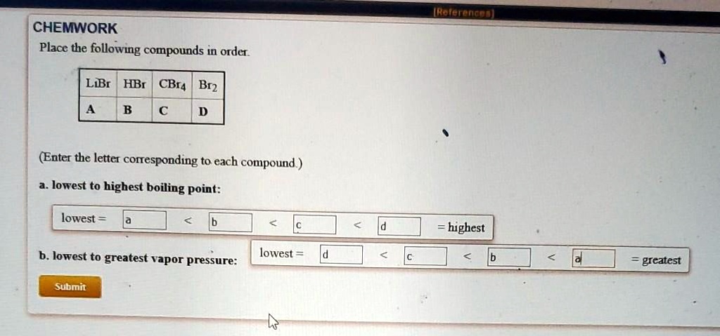 SOLVED: WReletcncon] CHEMWORK Place the following compounds in order ...