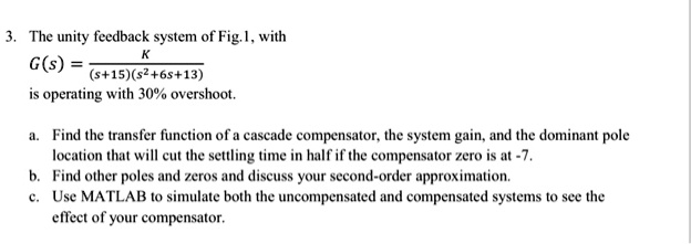 SOLVED: The unity feedback system of Fig. 1, with K Gs = s + 15s^2 + 6s + 13, is operating with ...