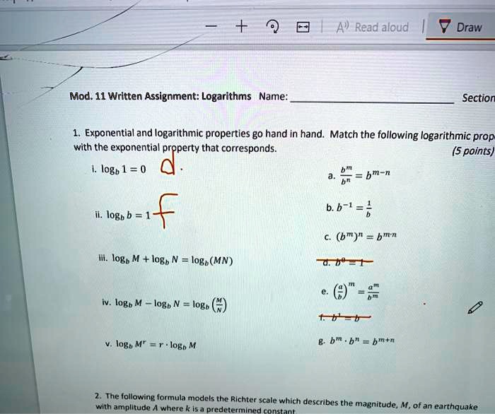 SOLVED: Title: Logarithms and Exponential Properties Text: Read aloud. Draw. Mod: 11 Written ...