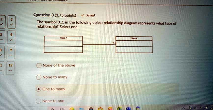 Question 33.75 points Saved The symbol 0..1 in the following object relationship diagram ...