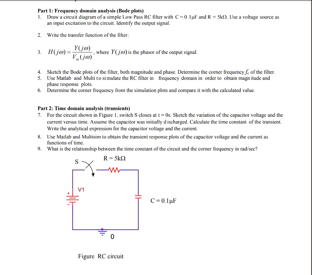 Part 1: Frequency domain analysis (Bode plots) 1. Draw a circuit diagram of a simple Low Pass RC ...