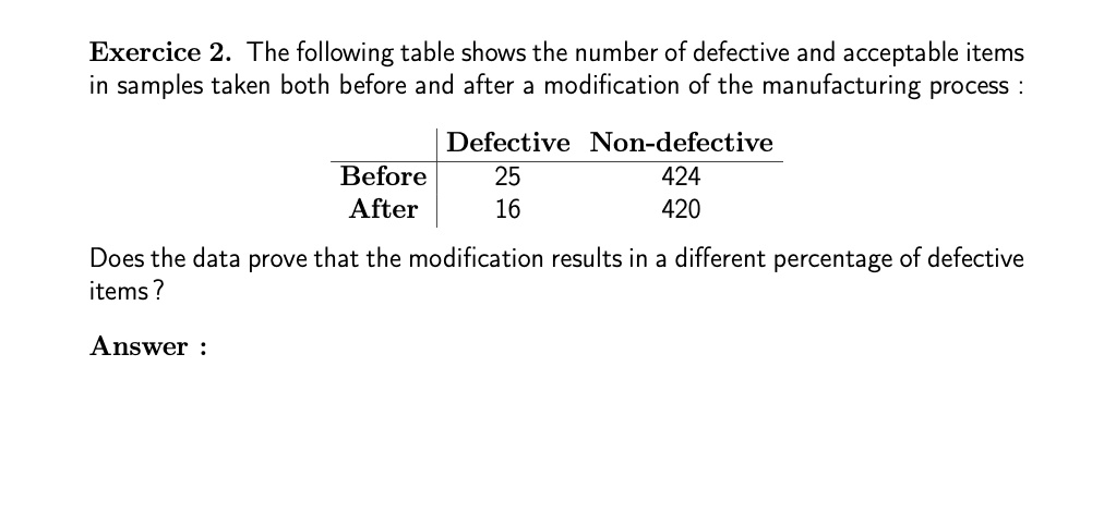SOLVED: Exercise 2: The following table shows the number of defective ...