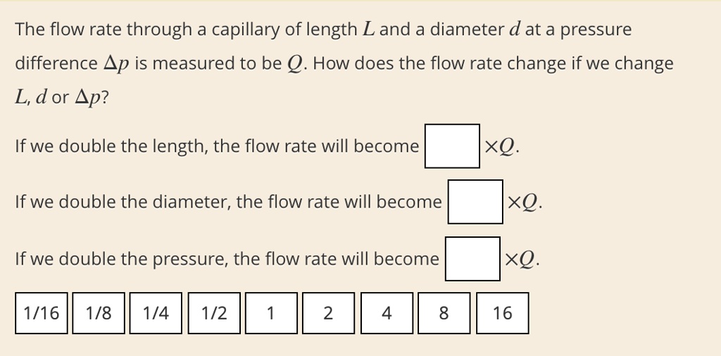 the flow rate through a capillary of length l and a diameter d at a ...