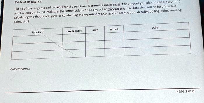 SOLVED: Texts: Table of Reactants: List all of the reagents and solvents for the reaction ...