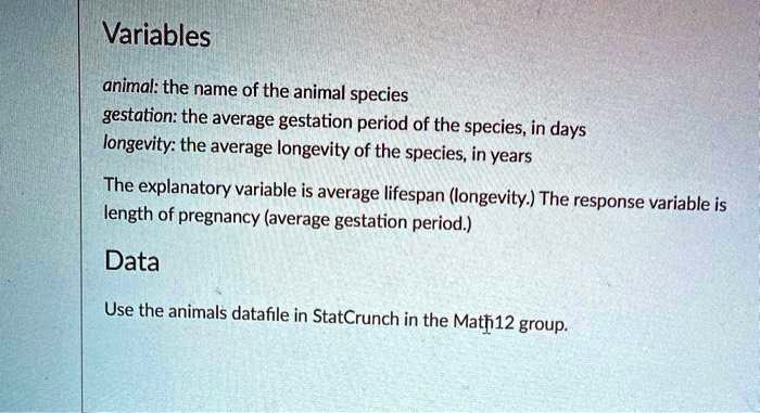 SOLVED: Variables: - animal: the name of the animal species - gestation ...