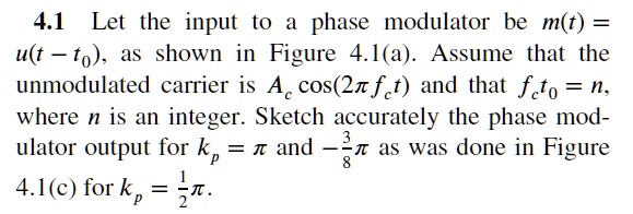 4.1 Let the input to a phase modulator be m(t) = u(t - t0), as shown in ...
