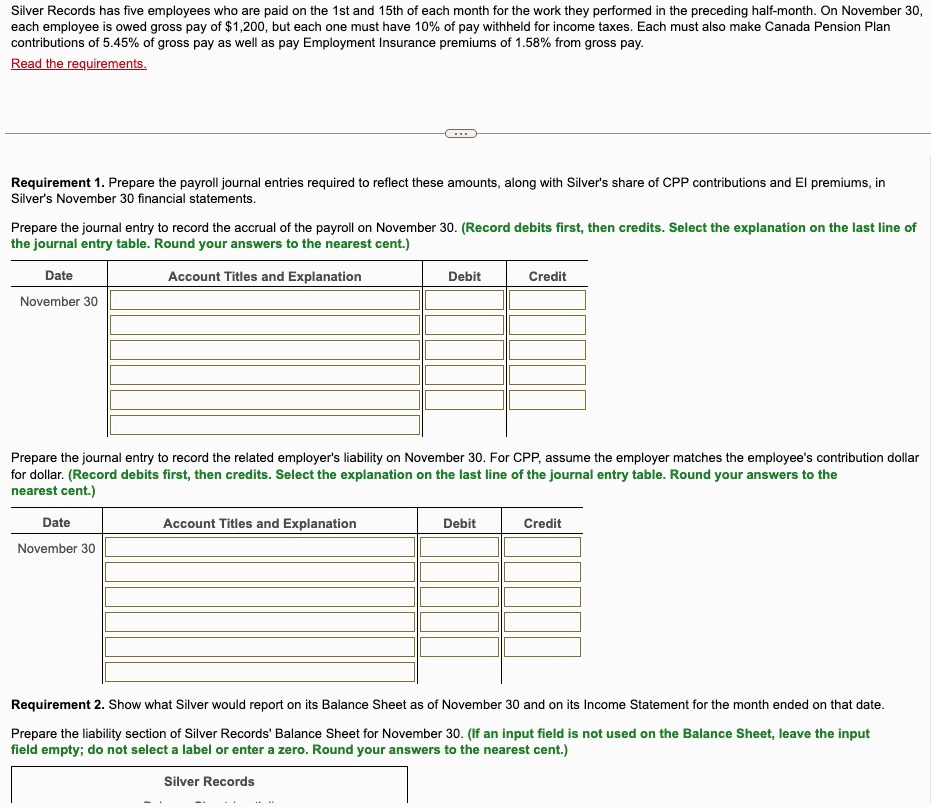 Silver Records has five employees who are paid on the 1st and 15th of each month for the work ...