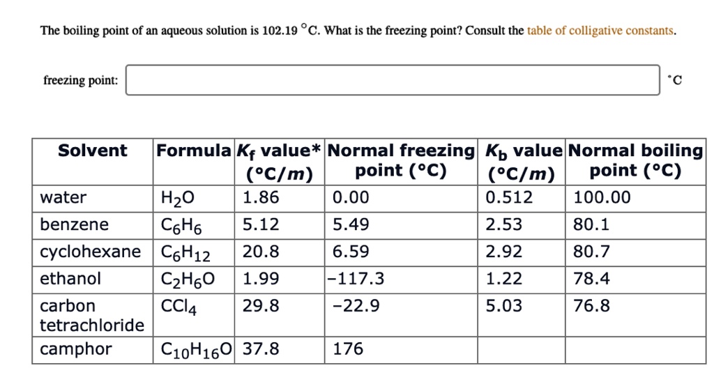 the boiling point of an aqueous solution is 10219 c what is the freezing point consult the table ...