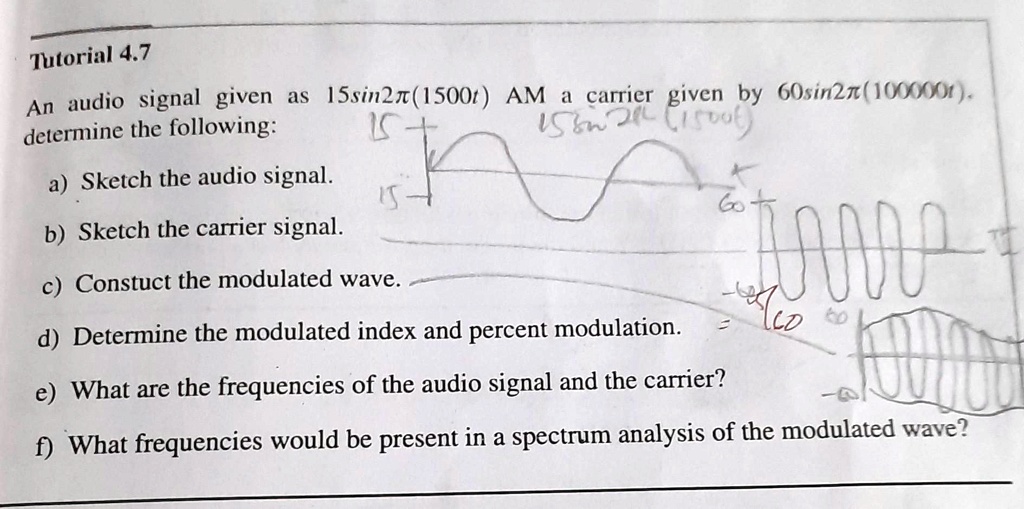 Tutorial 4.7 An audio signal given as 15sin(2π(1500t)) AM a carrier ...
