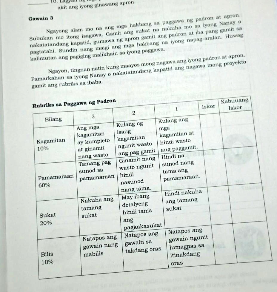 SOLVED: Gawain 3 Ngayong alam mo na ang mga hakbang sa paggawa ng padron at apron. Subukan mo ...