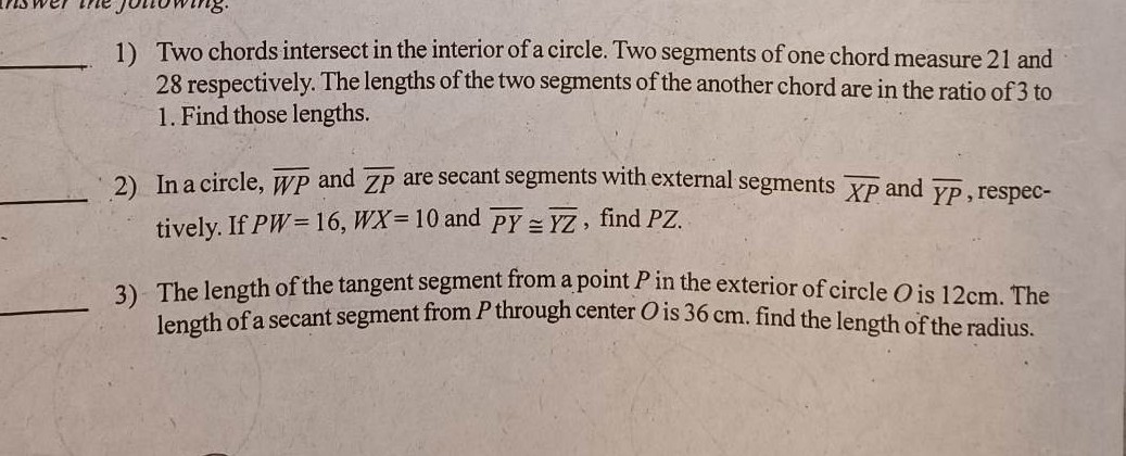 SOLVED: 1) Two chords intersect in the interior of a circle. Two ...