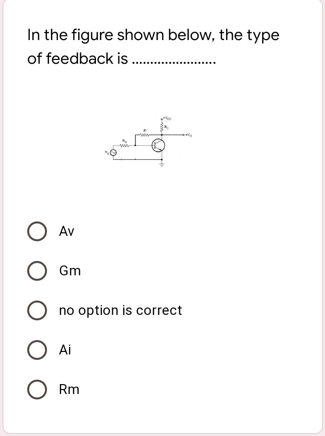 SOLVED: In the figure shown below; the type of feedback is Av Gm no ...