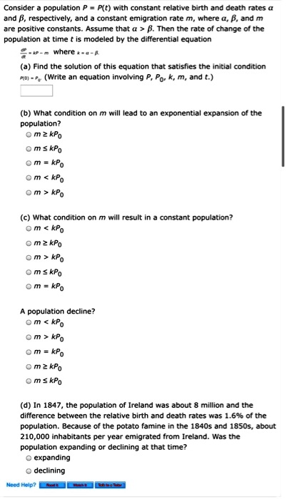 SOLVED: Consider a population P(t) with constant relative birth and ...