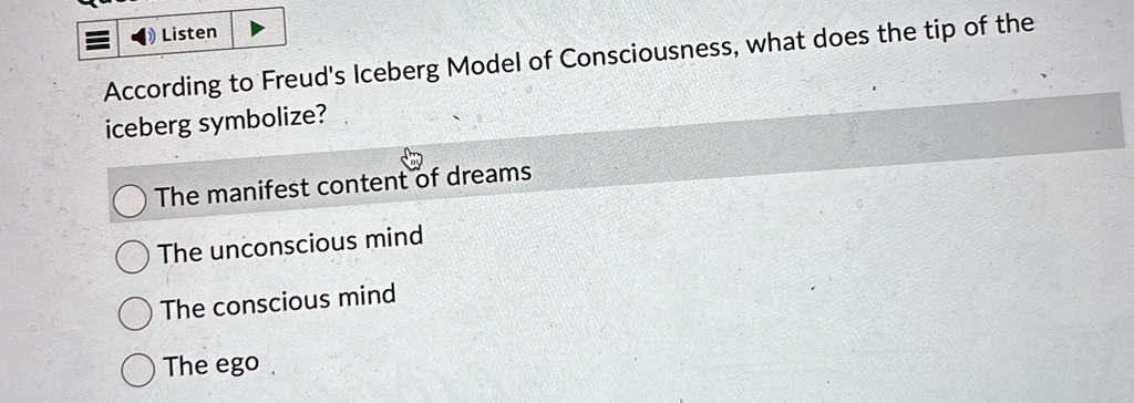 According to Freud's Iceberg Model of Consciousness, what does the tip ...