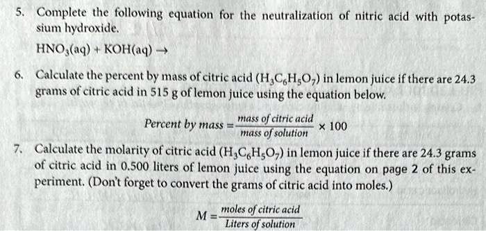 5. Complete the following equation for the neutralization of nitric ...