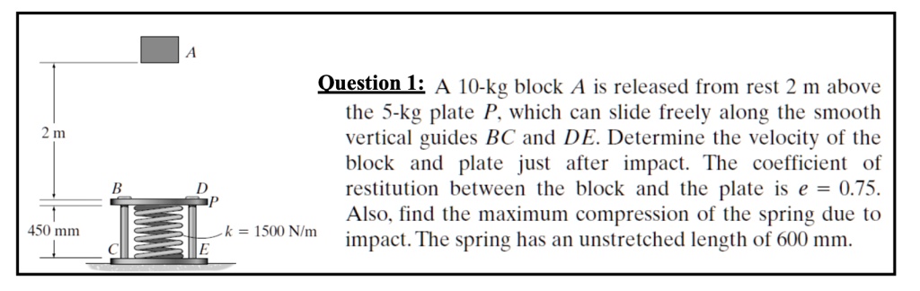 SOLVED: Question 1: A 10-kg block A is released from rest 2 m above the 5-kg plate P, which can ...