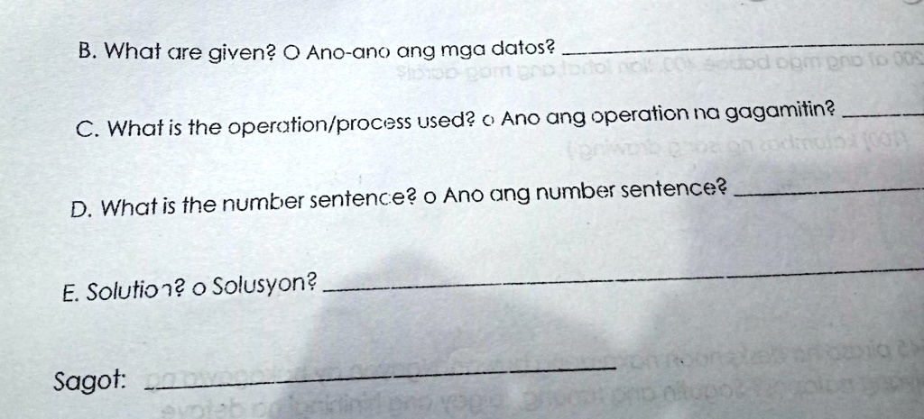 SOLVED: A. What are given? Ano-ano ang mga datos? B. What is the ...