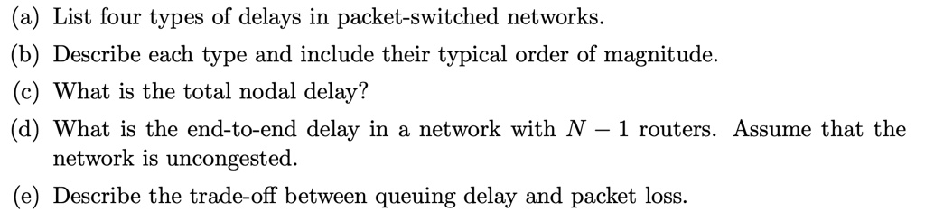 SOLVED: a) List four types of delays in packet-switched networks. (b) Describe each type and ...