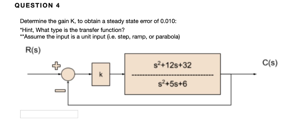 SOLVED: QUESTION 4 Determine the gain K to obtain a steady-state error ...