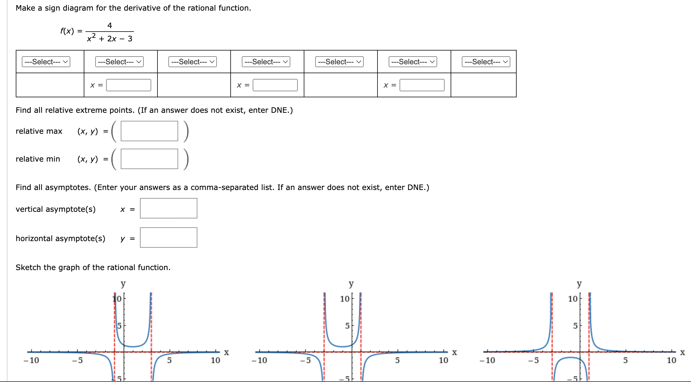 SOLVED: Make a sign diagram for the derivative of the rational function. f(x)=(4)/(x^2+2 x-3 ...