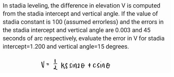 in stadia leveling the difference in elevation v is computed from the ...