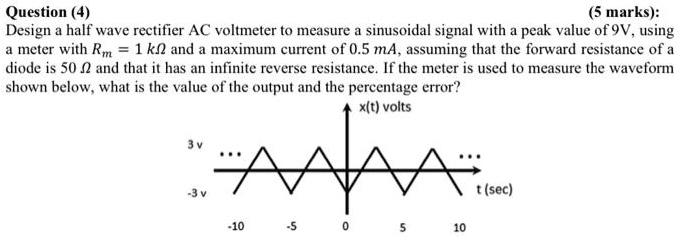 Question (4) (5 marks): Design a half wave rectifier AC voltmeter to measure a sinusoidal signal ...
