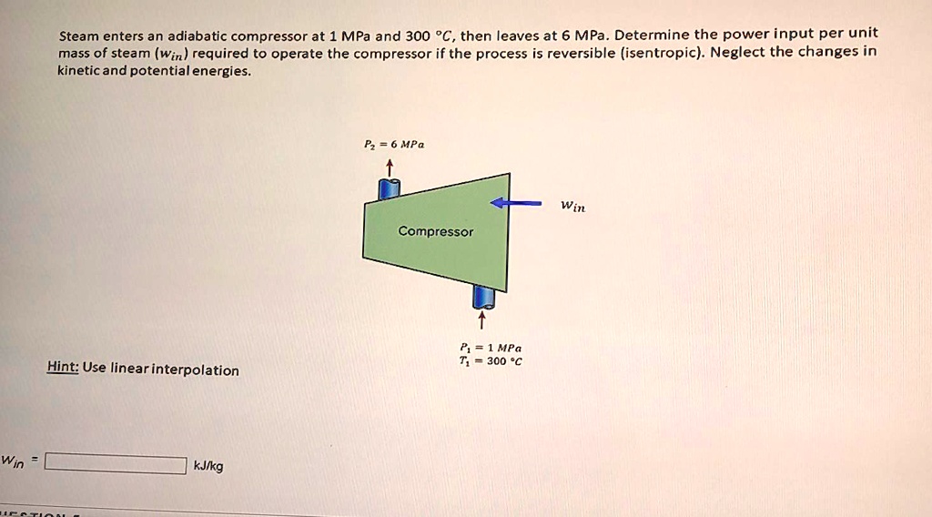 SOLVED: Steam enters an adiabatic compressor at 1 MPa and 300Â°C, then leaves at 6 MPa ...