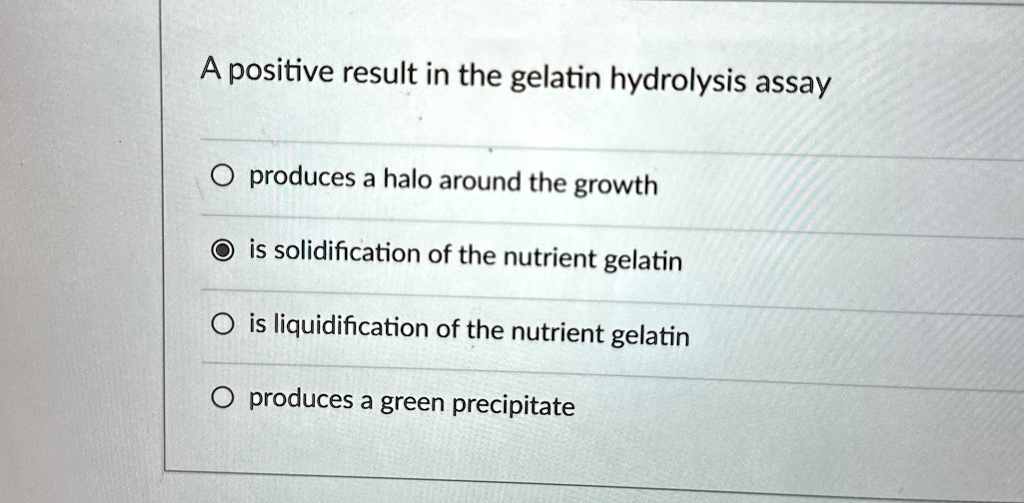 a positive result in the gelatin hydrolysis assay produces a halo ...