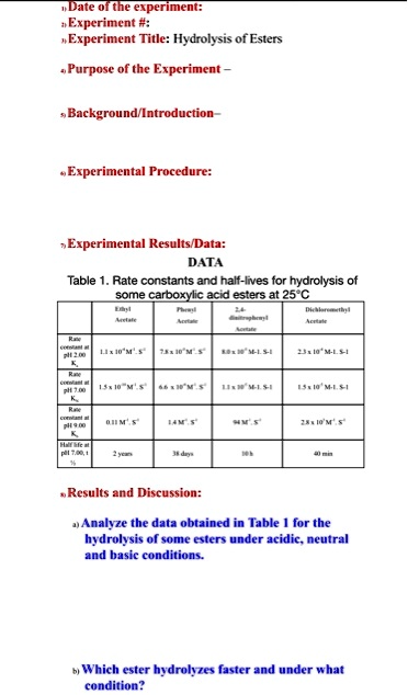 SOLVED: Date of the experiment: Experiment Experiment Title: Hydrolysis of Esters Purpose of the ...