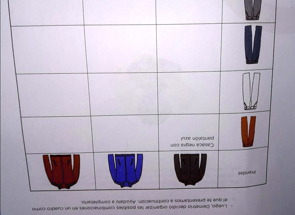 SOLVED: ¿Cuáles son esas combinaciones? Completa: Casaca negra con ... SOLVED: ¿Cuáles son esas combinaciones? Completa: Casaca negra con ...