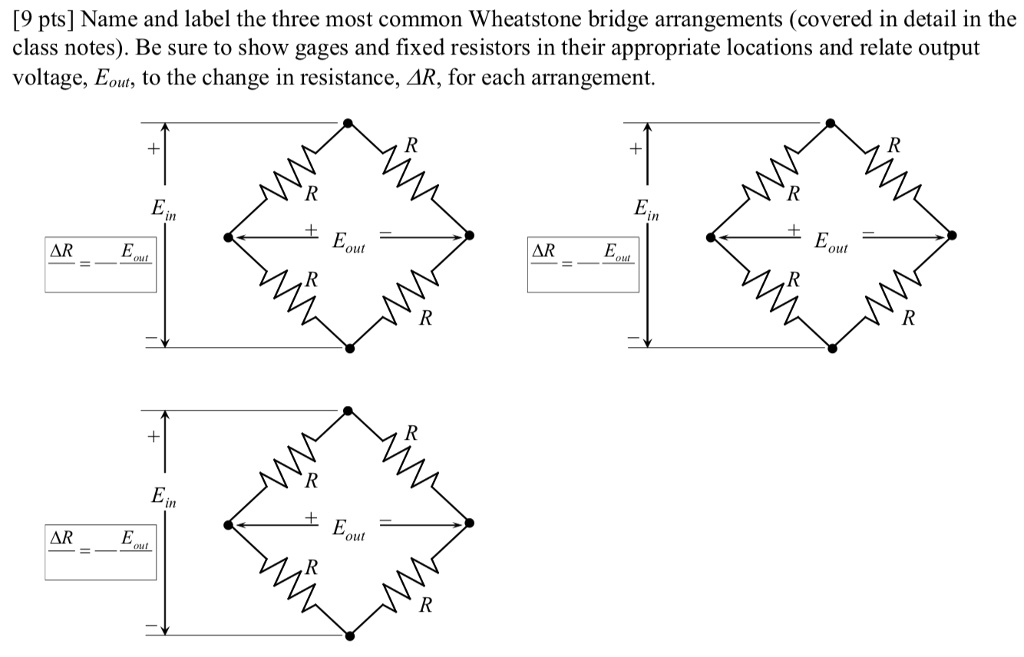 SOLVED: Name and label the three most common Wheatstone bridge arrangements (covered in detail ...
