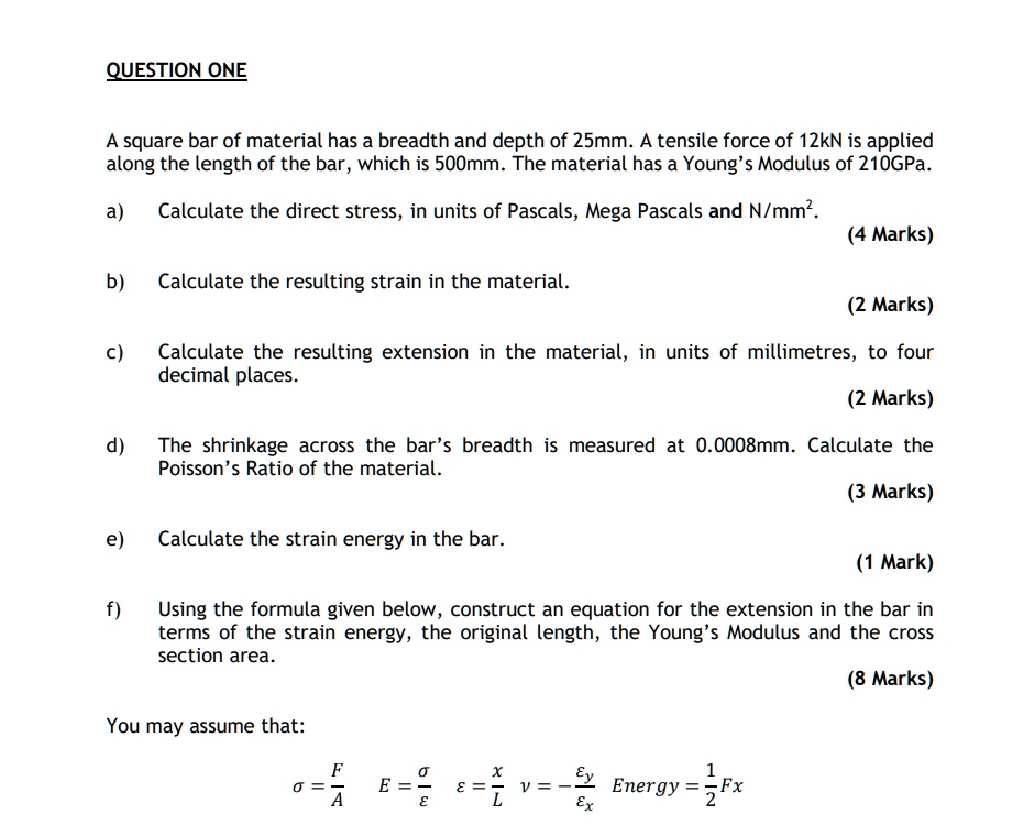 SOLVED: QUESTION ONE A square bar of material has a breadth and depth of 25mm. A tensile force ...