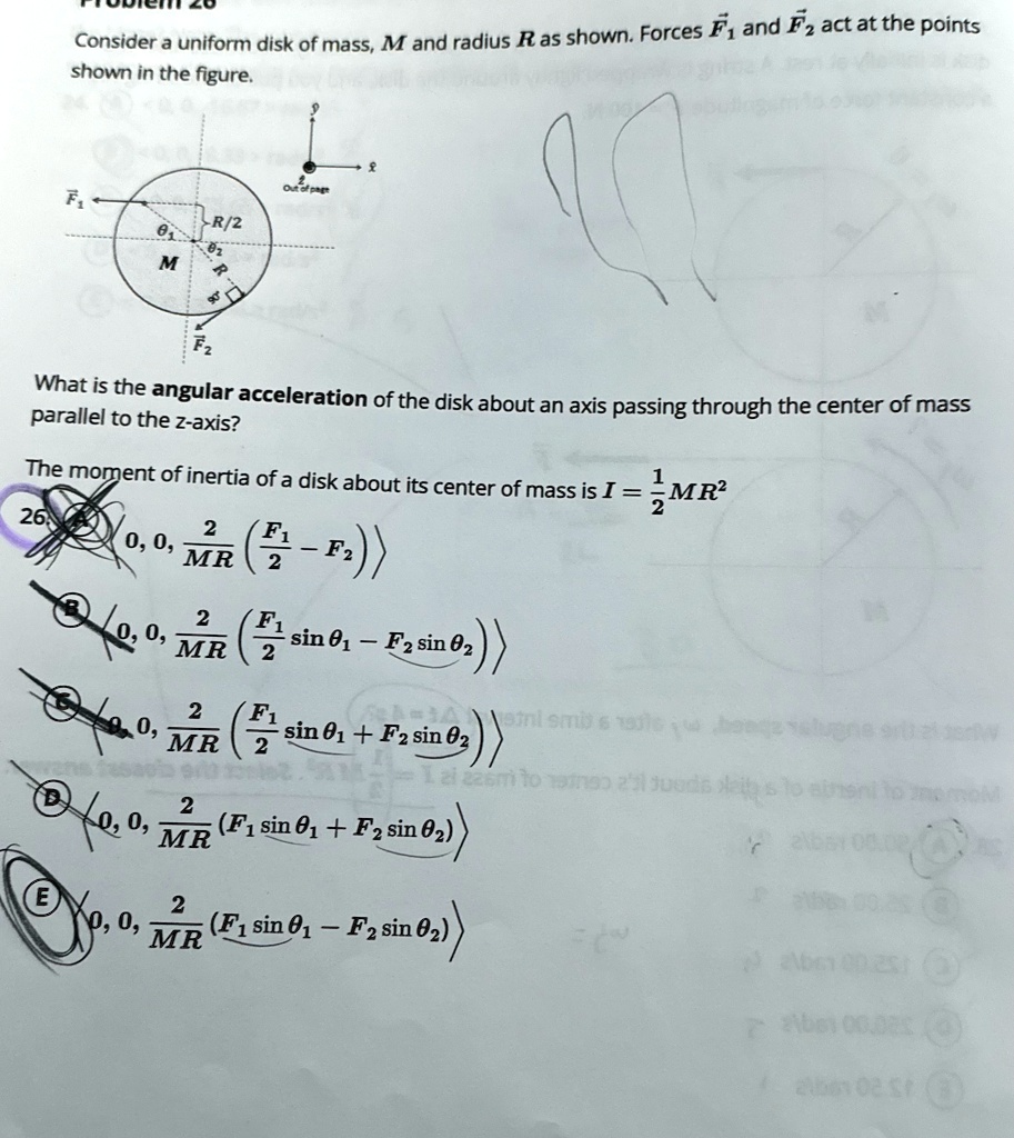 consider a uniform disk of mass m and radius r as shown forces f1 and f2 act at the points shown ...