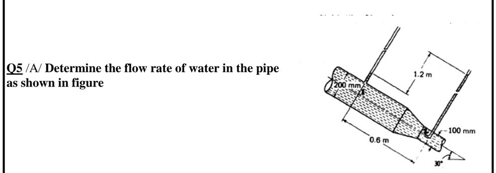 SOLVED: Q5 /A/ Determine the flow rate of water in the pipe as shown in figure -100mm 0.6m