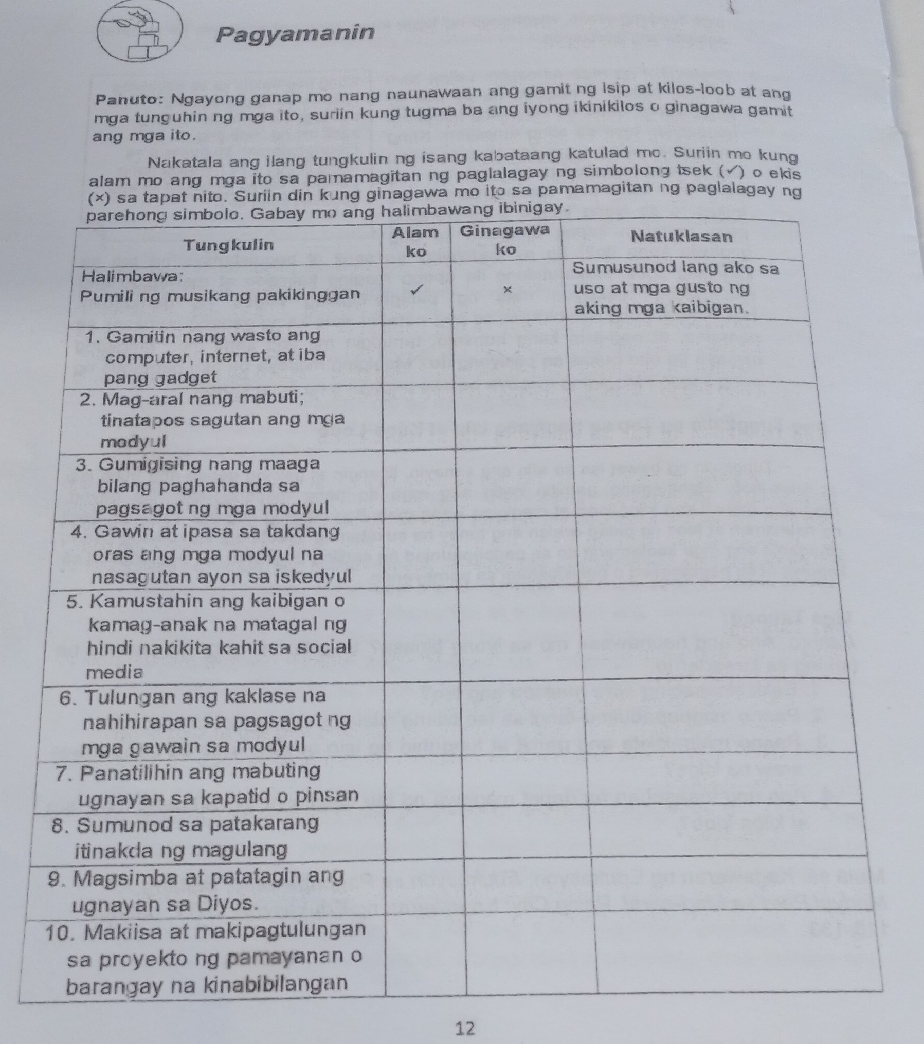 SOLVED: Pagyamanin Panuto: Ngayong ganap mo nang naunawaan ang gamit ng isip at kilos-loob at ...