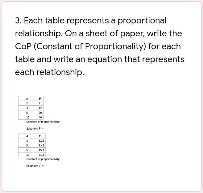 Solved 3 Each Table Represents A Proportional Relationship On A Sheet Of Paper Write The Cop