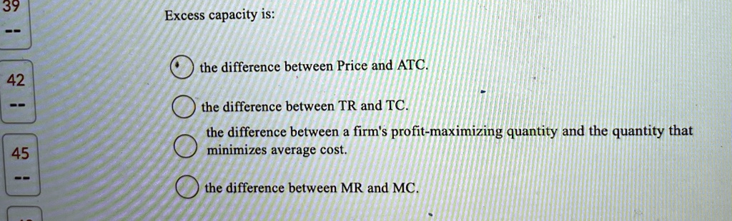 Excess capacity is: the difference between Price and ATC. the ...
