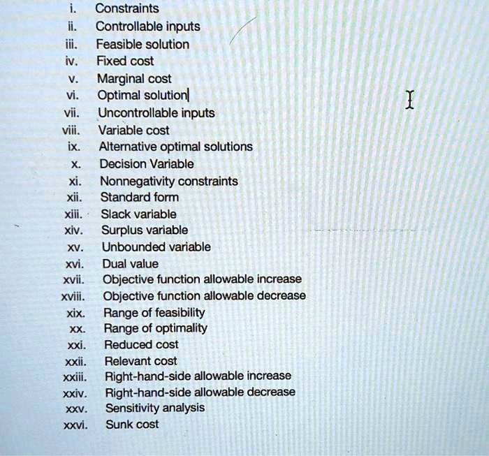 constraints controllable inputs feasible solution fixed cost marginal cost vi optimal solutionl ...
