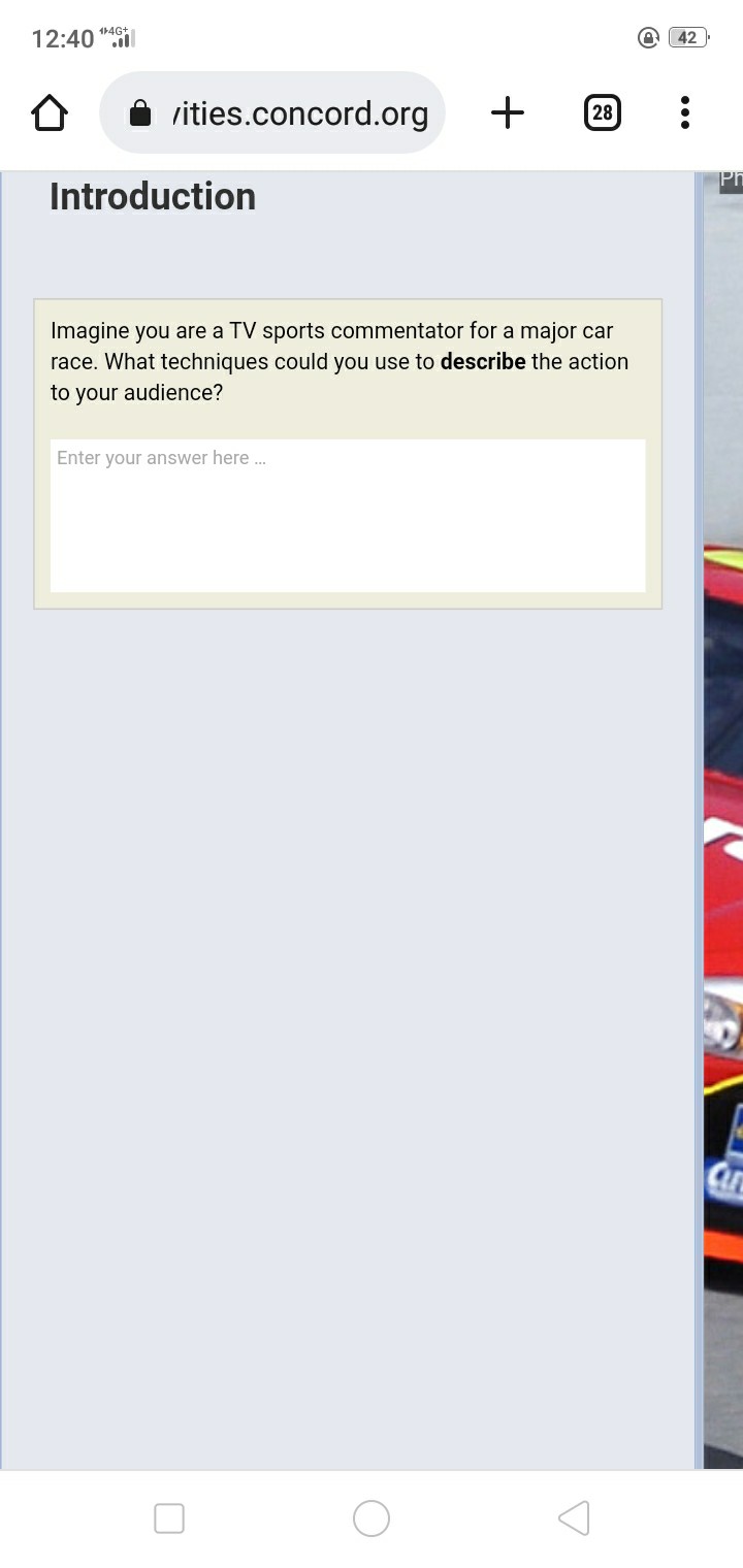 imagine you are a tv sports commentator for a major car race what ...