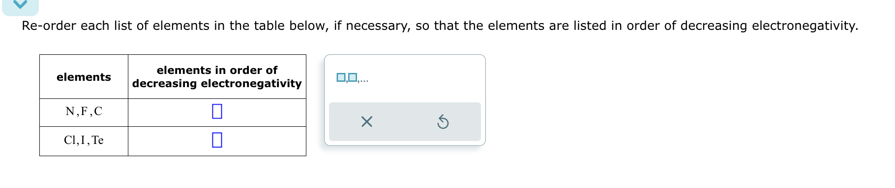 SOLVED: Re-order each list of elements in the table below, if necessary ...