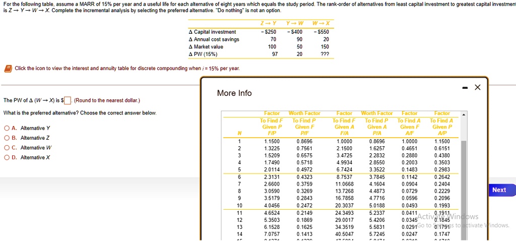 SOLVED: For the following table, assume a MARR of 15% per year and a useful life for each ...