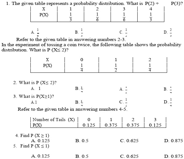 the given table represents probability distribution what is p2 p3 px 1 refer to the given table ...
