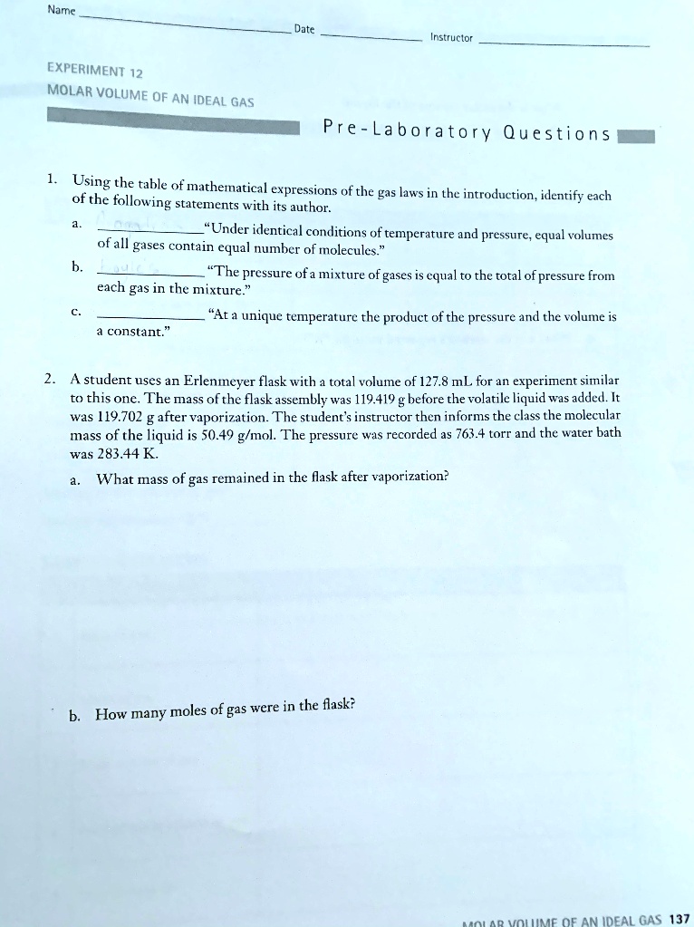 [GET ANSWER] name date instructor experiment 12 molar volume of an ideal gas pr e lab 0 r a torv ...