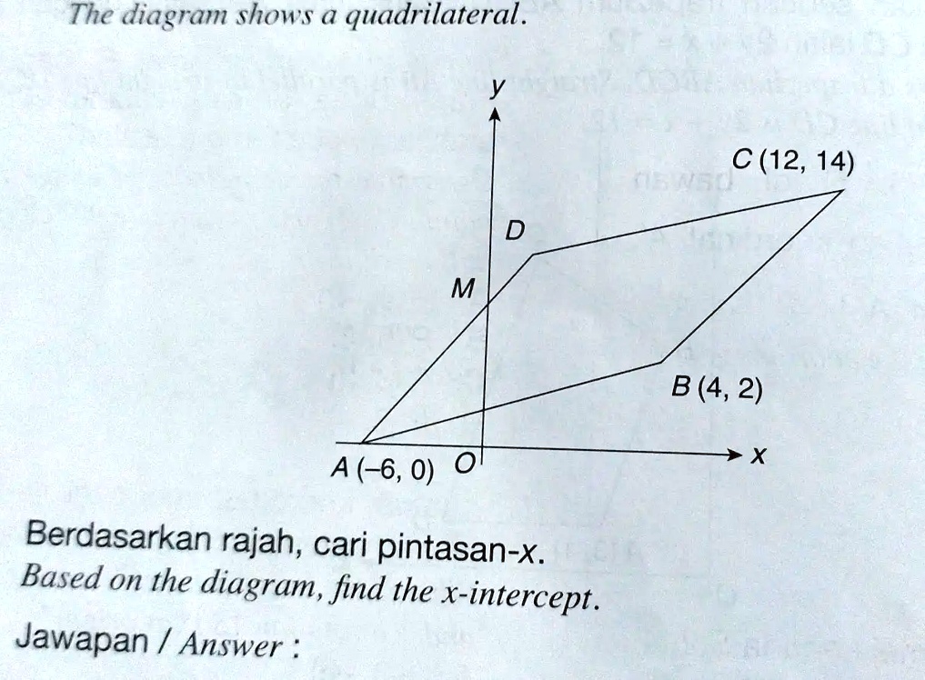 SOLVED: The diagram shows a quadrilateral. C (12, 14) ' "53 M B (4,2) X A (-6, 0) Berdasarkan ...