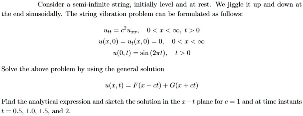 Consider a semi-infinite string, initially level and at rest. We jiggle it up and down at the ...